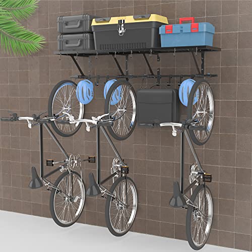 tonchean Garage Shelving Wall Mounted 2 Pack with Bike Hooks Garage Wall Shelves 14βx32β Garage Floating Shelves Garage Storage Shelves Heavy Duty Wall Mount, 500lb Weight Capacity
