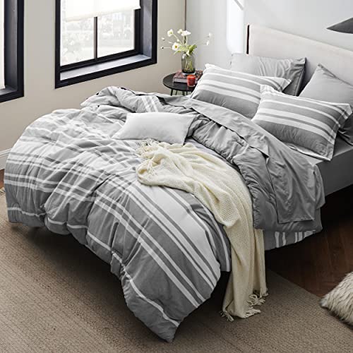 Bedsure Bed in a Bag California King Size 7 Pieces, Gray White Striped Bedding Comforter Sets All Season Bed Set, 2 Pillow Shams, Flat Sheet, Fitted Sheet and 2 Pillowcases