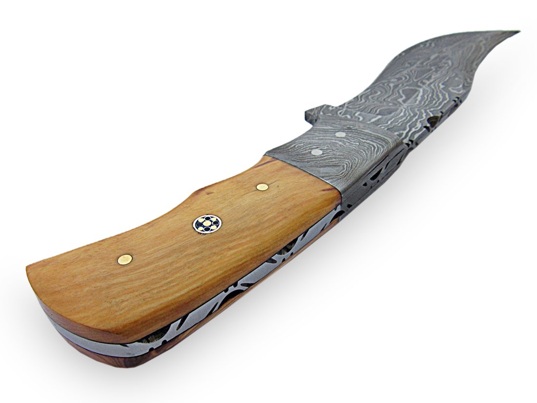AishaTech Spiller Fixed Blade Hunting Knife Damascus Steel Blade Wood Handle