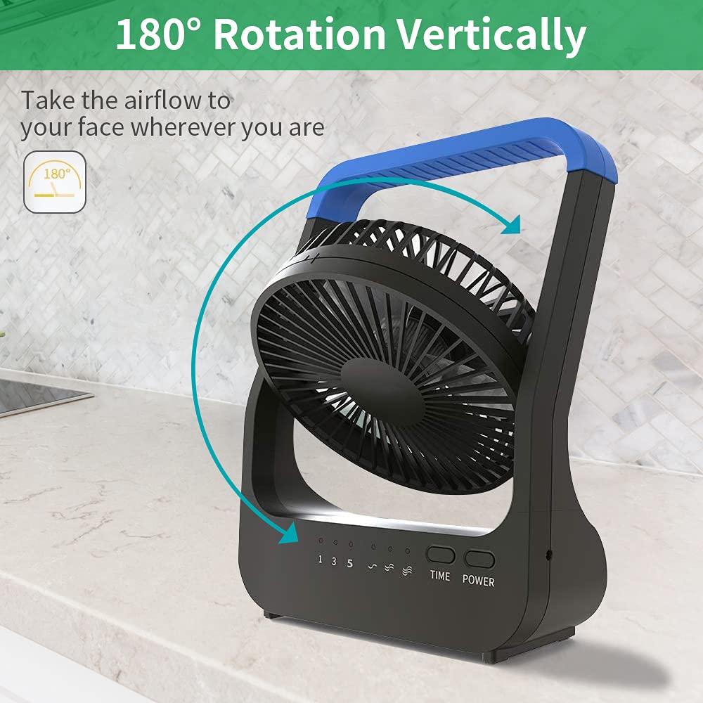 LAVESO D-cell Battery Operated Fan, Super Long Lasting Battery Powered Fan, 5 inch Portable Camping Fan, USB Desk Fan for Office Bedroom Workshop Outdoor, Quiet, 3 Speeds, Timer