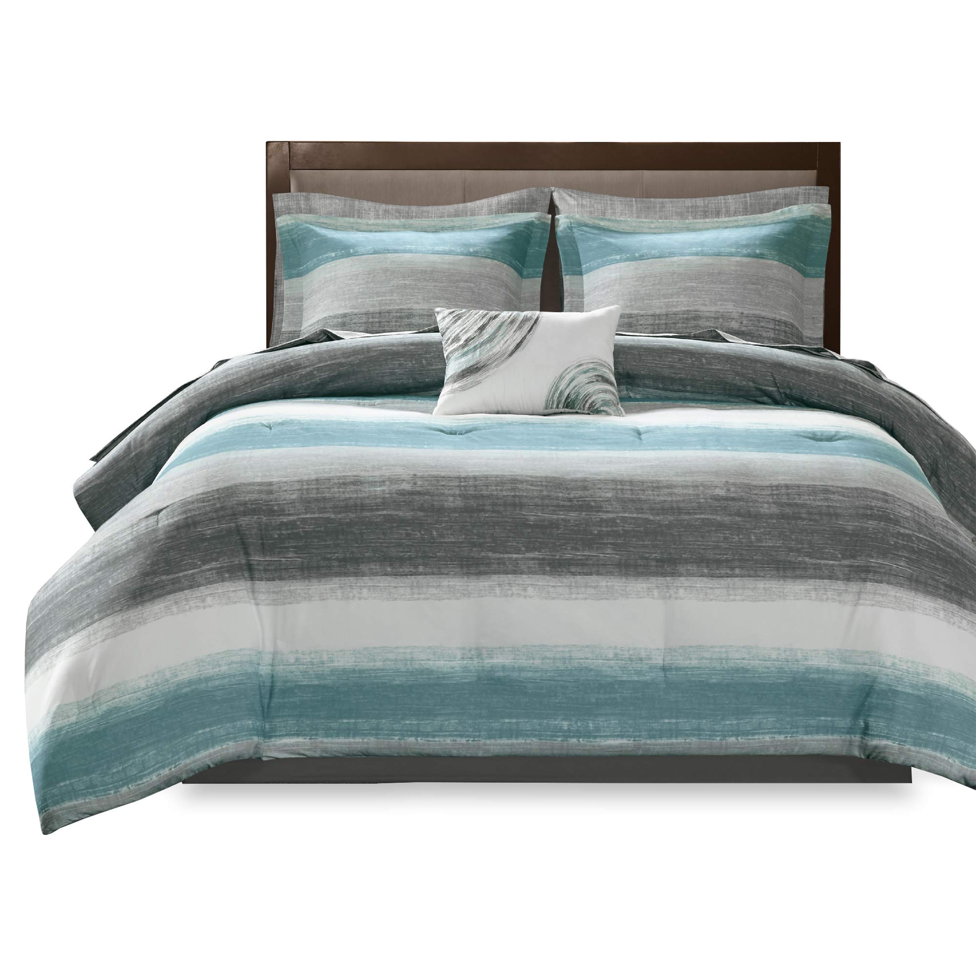 Madison Park Essentials Bed in a Bag Comforter, Vibrant Color Design All Season Down Alternative Cover with Complete Cotton Sheet Set, Queen (90"x90"), Saben, Stripe Aqua 9 Piece