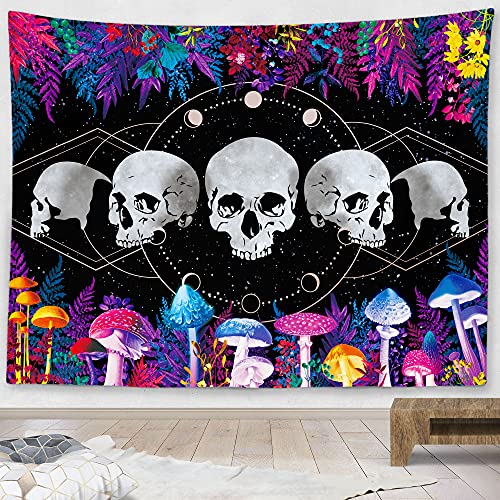 Jinxy Skull Moon Phase Mushroom Garden Tapestry, Psychedelic Floral Plant Tapestry, Wild Flowers Tapestry Home Decor Wall Hanging for Living Roomall Hanging for Living Room (Moon Phase Skull, 51.2" x 59.1")