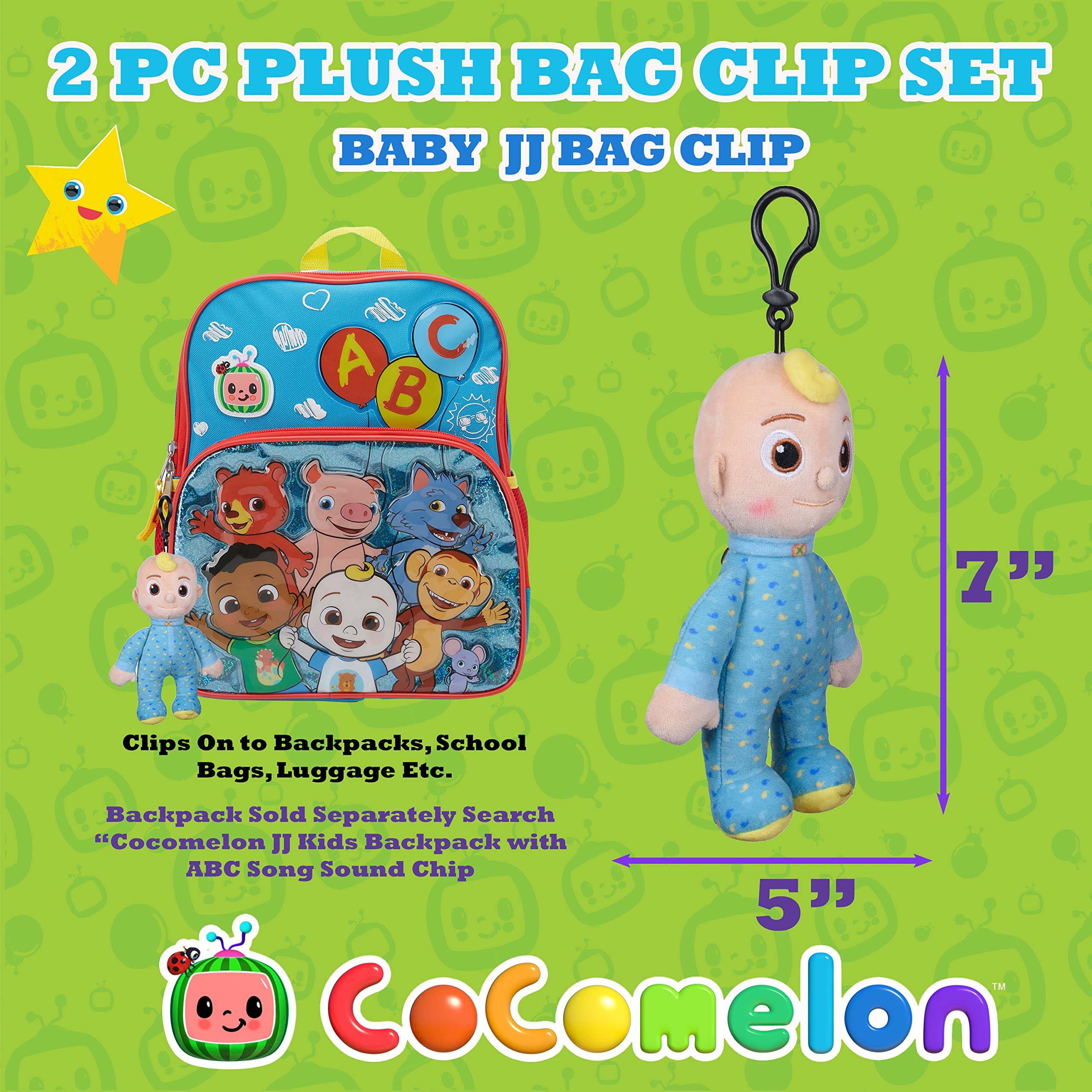 Cocomelon JJ & Watermelon Plush Bag Clip Set - Perfect Toys for Preschoolers and Toddlers