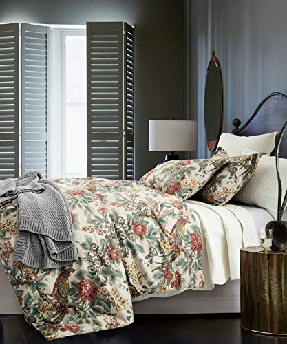 Eikei Home Chinoiserie Chic Peacock Floral Duvet Cover Paradise Garden Botanical Bird and Tree Branches Vintage Stylized Long Staple Cotton Bedding Set (Autumn Red, King)
