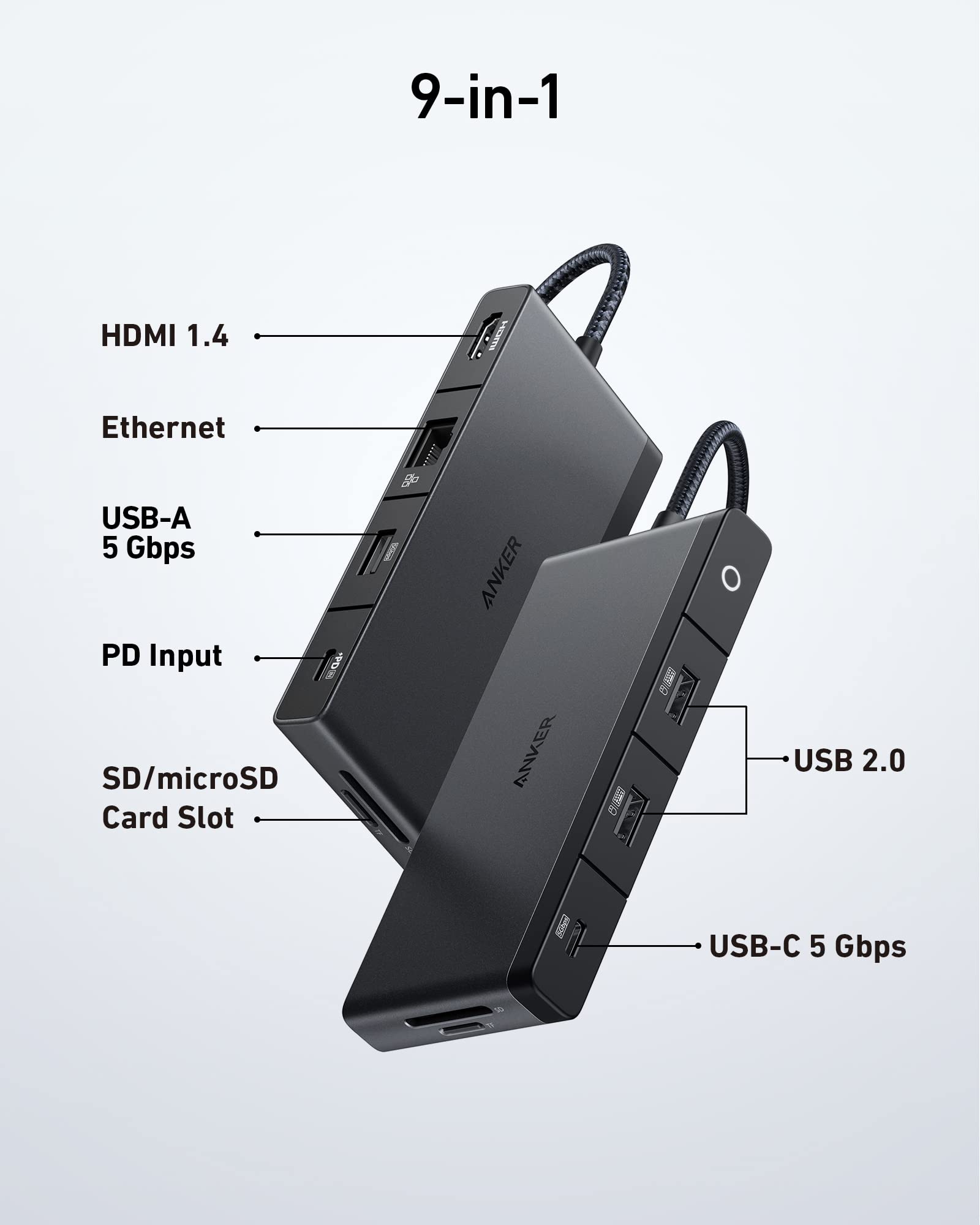 Anker USB C Hub, 552 USB-C Hub (9-in-1, 4K HDMI) with 100W Power Delivery, 4K@30Hz HDMI, 4 USB-C and USB-A Data Ports, Ethernet & USB C Cable, New Nylon USB C to USB C Cable (6ft 60W, 2-Pack, USB 2.0)