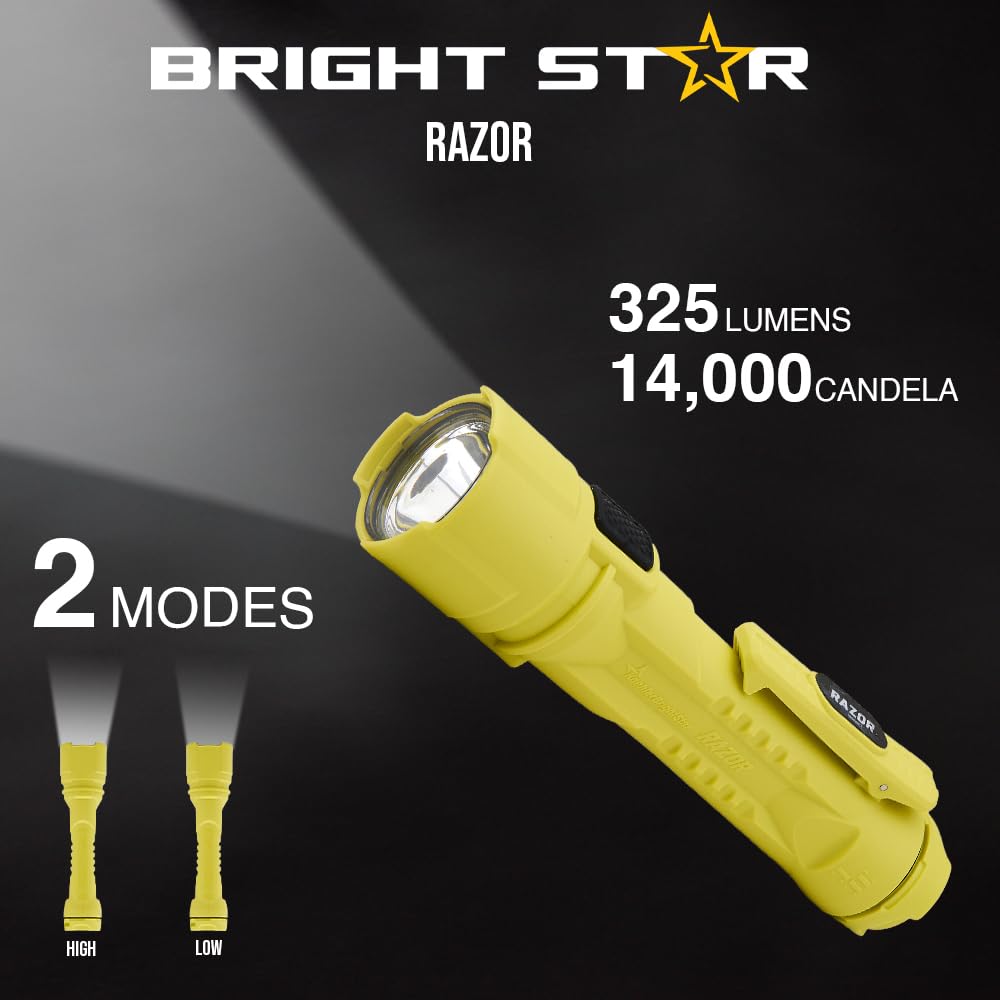 Bright Star Razor Intrinsically Safe Hands-Free Magnetic LED Flashlight with 14,000 Candela Brightness, Powered by 3 AA KBS Batteries Included with 24 Hours of Low Power runtime, Made in USA!