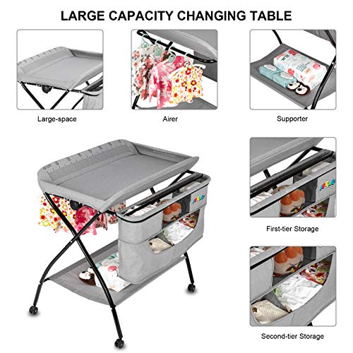JOYMOR Portable Diaper Changing Station,Folding Baby Changing Table for Infant, Moblie Diaper Changing Table with Wheels, Large Storage Basket & Shelf Portable Nursery Organizer (Grey)