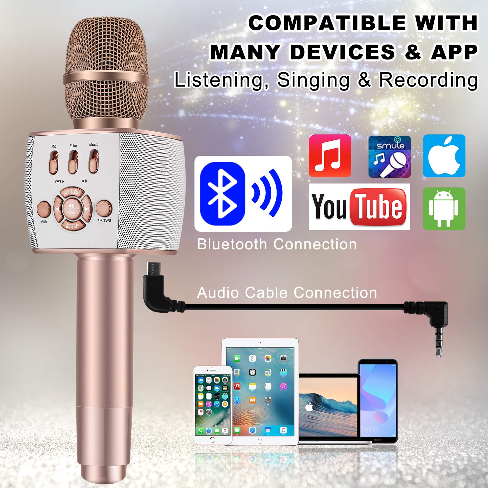 BONAOK Bluetooth Wireless Karaoke Microphone,Portable Karaoke Machine with Duet Sing for Car/Party/PC/All Smartphones X39 ROSE GOLD