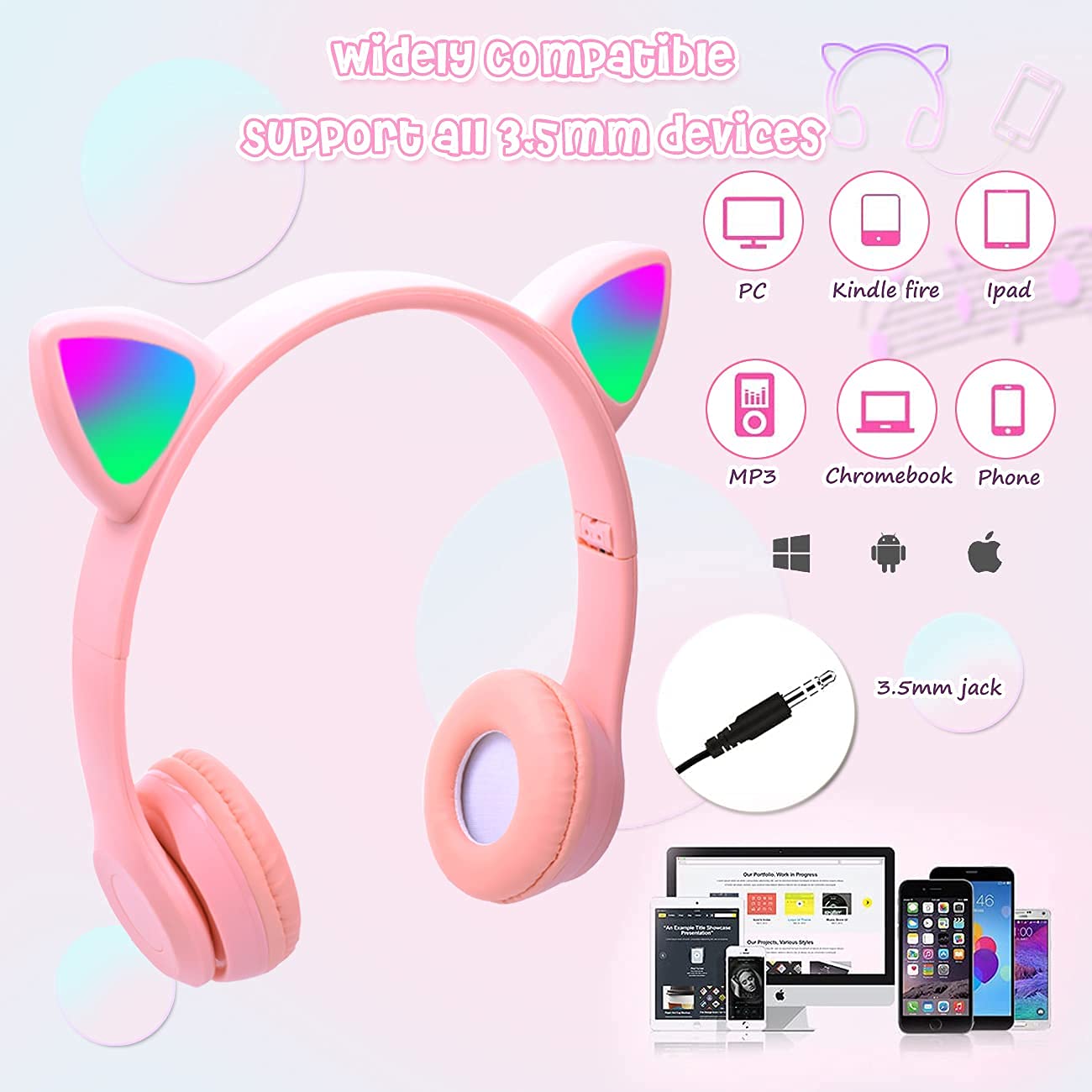 Bluetooth Cat Ear Kids Headphones with Mic, arVin Wireless/Wired Foldable Over-Ear Headset with Led Light UP & 85db Volume Limited for School, Online Learning, Boys, Girls, Children, Tablet, iPad & PC