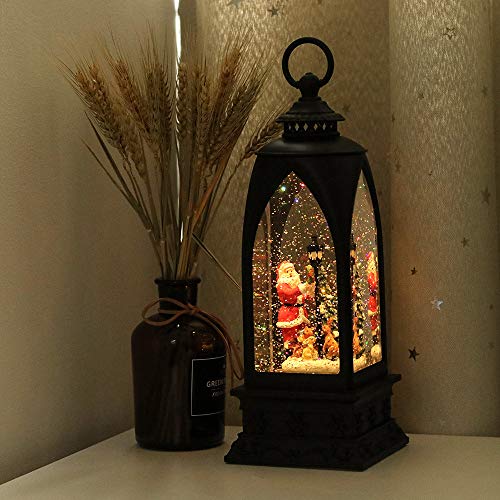 Eldnacele 12” Christmas Snow Globe Lantern Snowman with Music & Timer, USB Lined/Battery Operated Lighted Water Glittering Lantern for Christmas Festival Decoration Gifts – Santa
