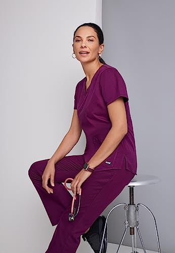 Grey's Anatomy Women's Two Pocket V-Neck Scrub Top with Shirring Back, Black, Medium