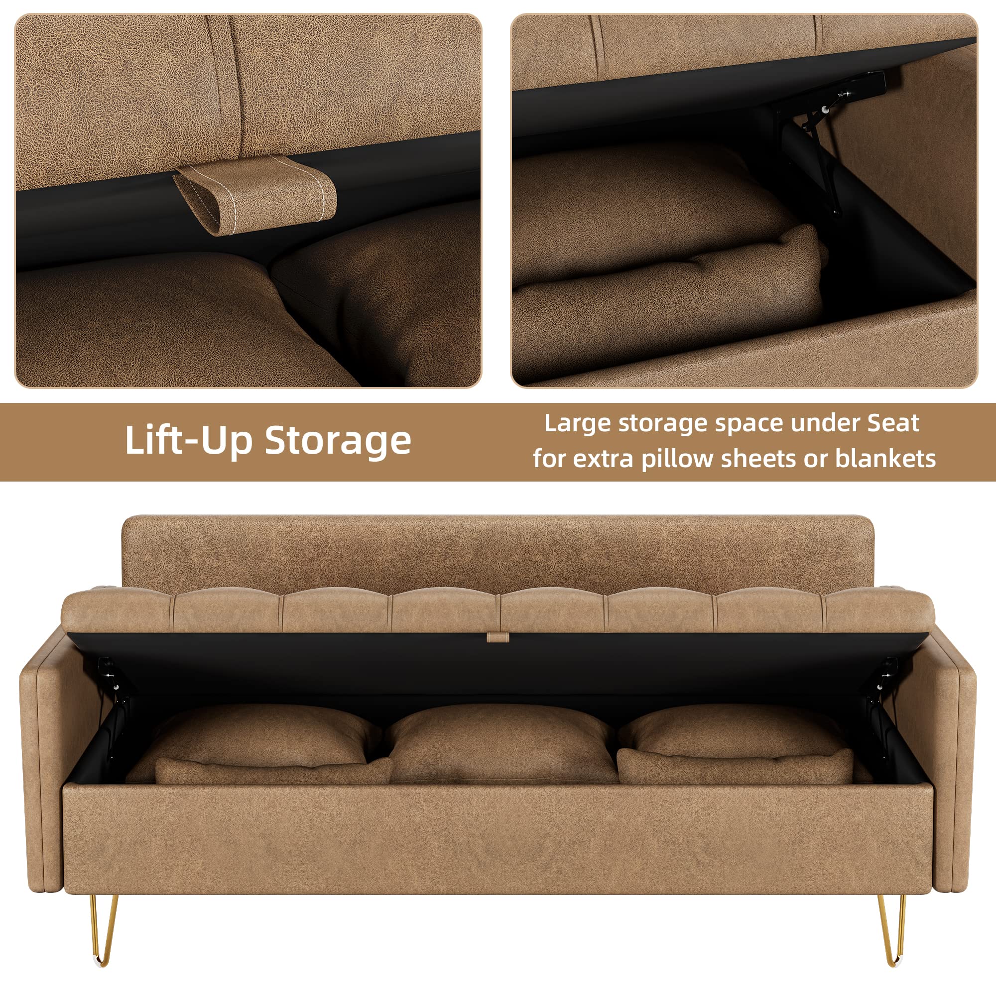 Senfot Sofa Couch Faux Leather 3-Seater Sofas with Hand Stitched Comfortable Cushion, Modern Design with Gold Metal Legs and Lift-Up Storage for Living Room in Light Brown