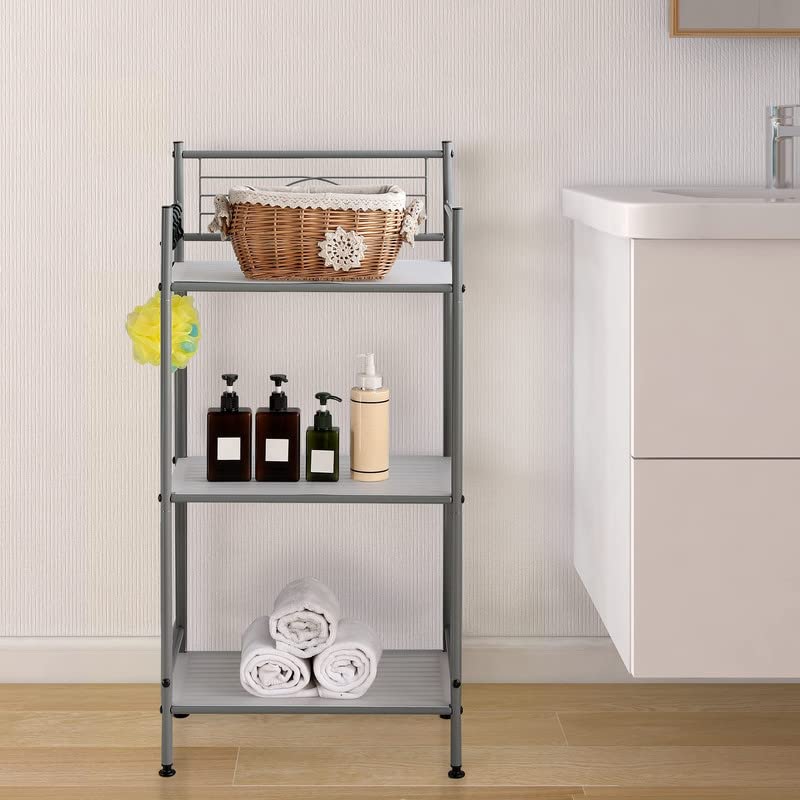 MallBoo 3-Tier Metal Freestanding Storage Shelf,Standing Bathroom Shelves with 3 x PP Shelf Liners and 4 x Hooks for Laundry Kitchen Office (Grey)