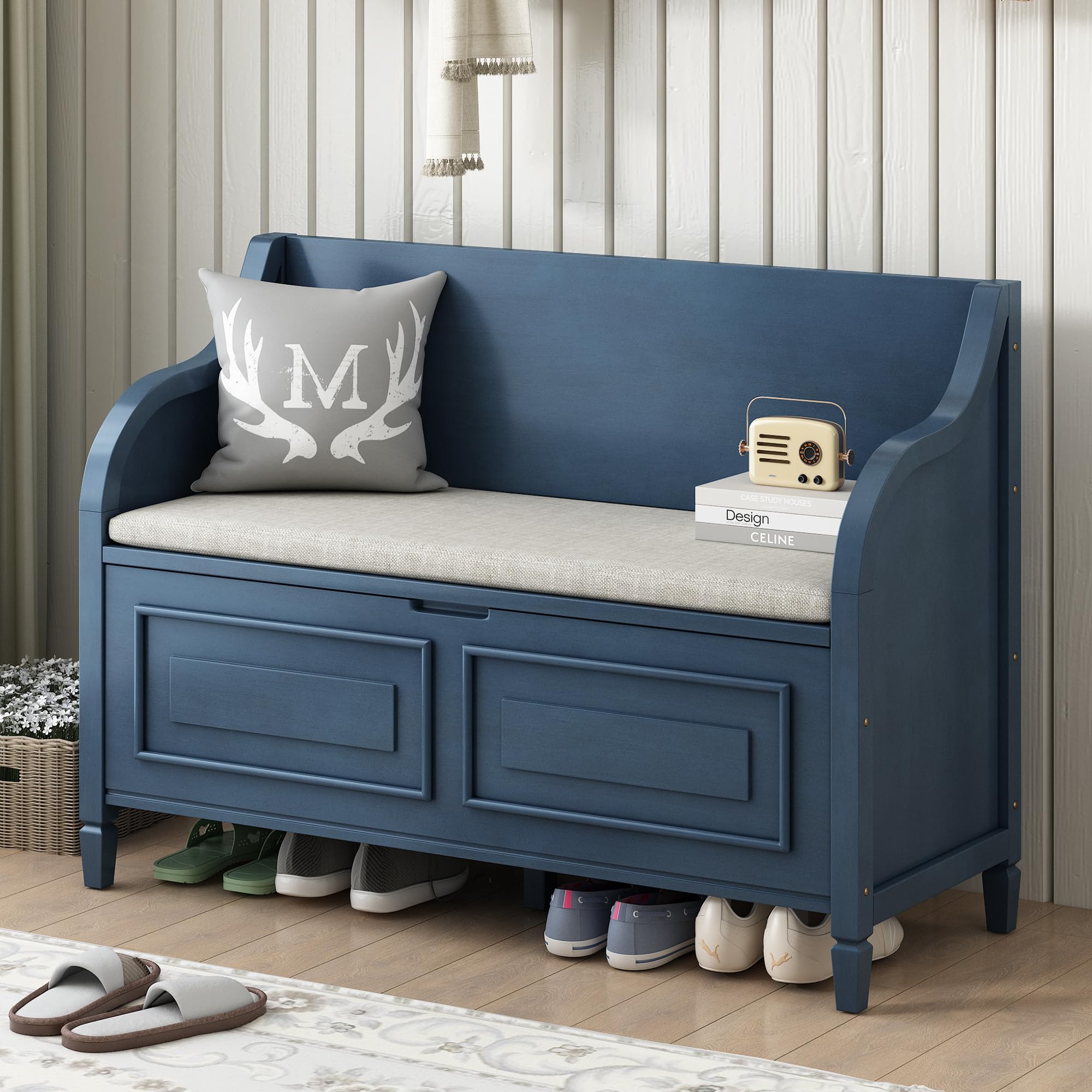 Aisurun Storage Bench, Entryway Bench with Backrest and 4 Drawers, Shoe Bench with Removable Cushion for Hallway Entryway Living Room (White)