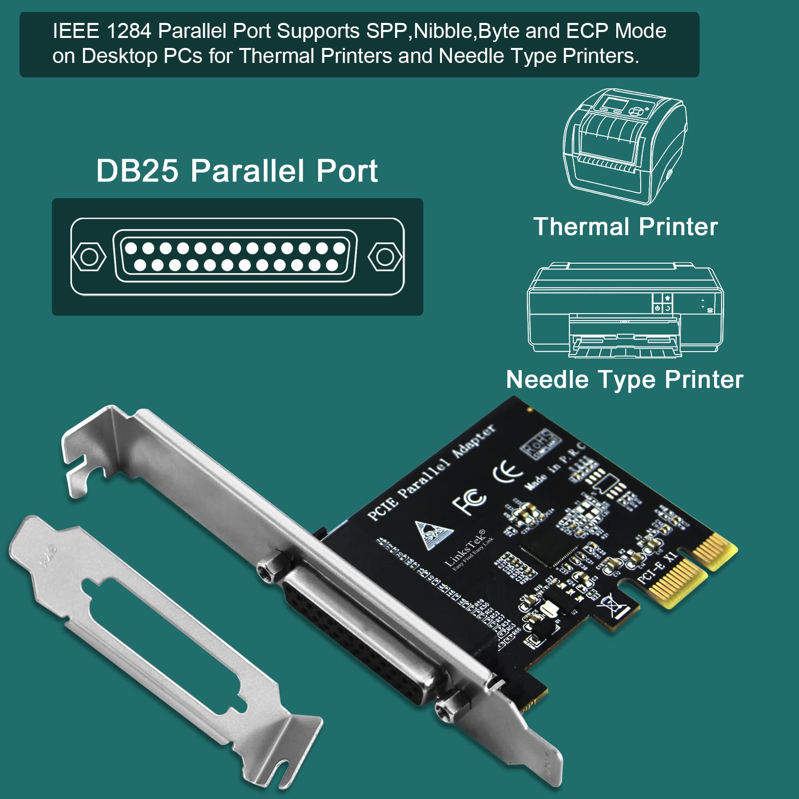 LinksTek 1-Port PCI Express Parallel Card for Printers, IEEE 1284 Standard DB25 LPT PCIE Parallel Port, Supports IEEE 1284 SPP, Nibble, Byte and ECP Mode, PCIE DB25 Parallel Port Card (PCIE-PA1)