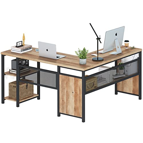 FATORRI Industrial L Shaped Computer Desk and 5 Tier Bookshelf for Home Office (Rustic Oak)
