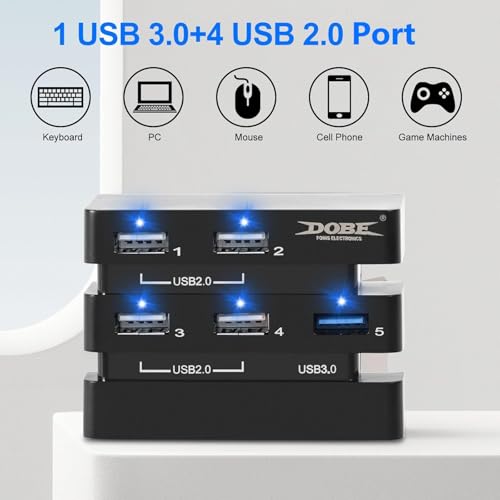 Linkstyle USB Hub for PS4 Pro, 5-Port USB 3.0 Hub Extension Adapter Splitter with LED Indicator for PlayStation 4 Pro, Black