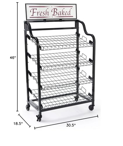 Displays2go Wheeled Metal Rack with Four Tilting Wire Shelves, Black (BAKCRT4NBK)