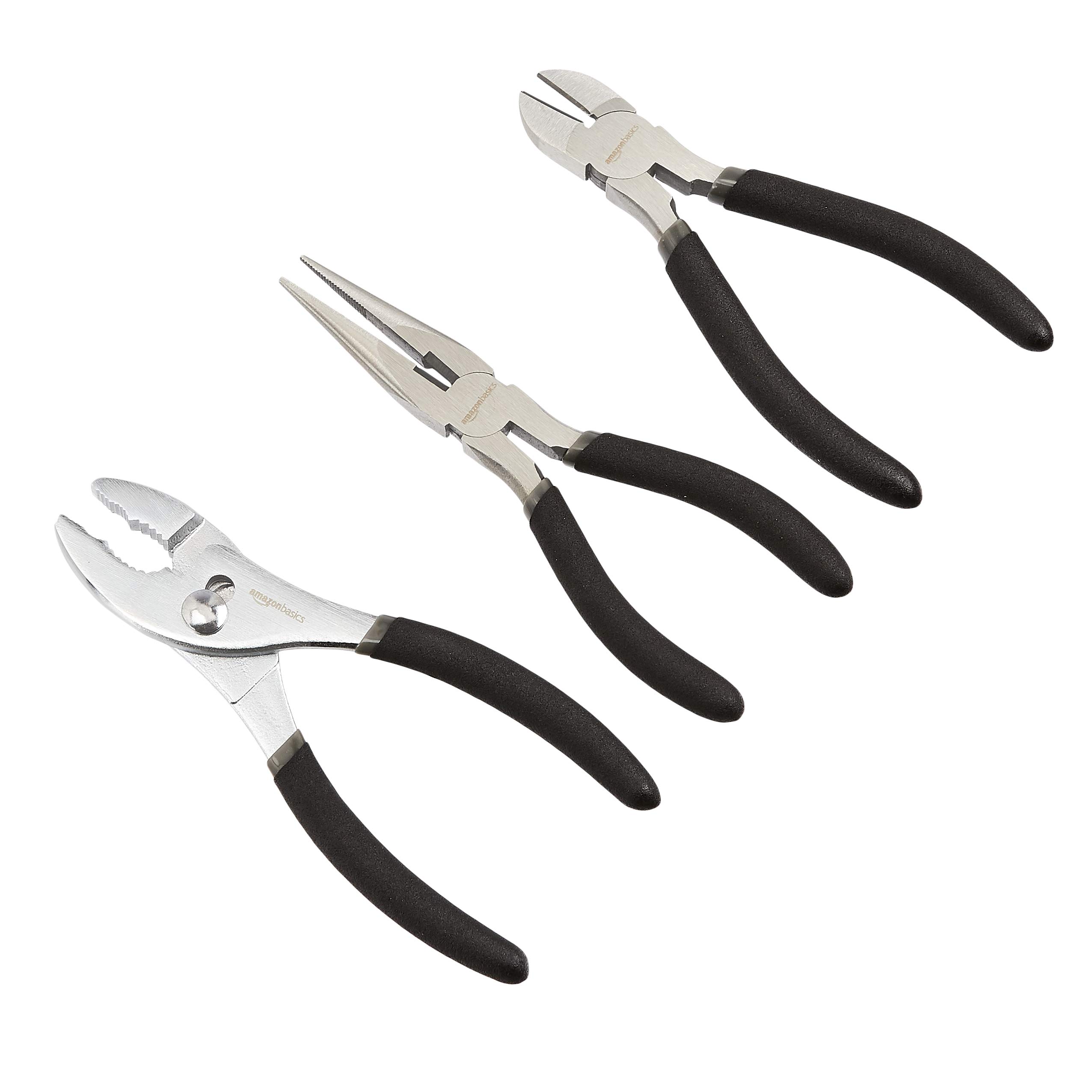 Amazon Basics 3 Piece Pliers Set with Durable Nylon Case (6-Inch Diagonal, Slip Joint, Long Nose), Black