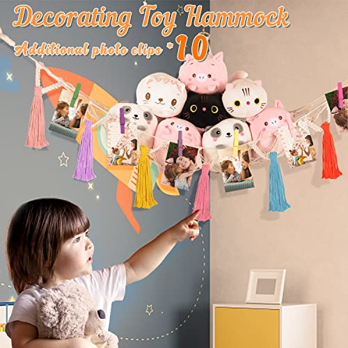 HONGTEYA Stuffed Animal Net or Hammock Large Plush Toy Net Hammock Holder for Corner Stuffed Animal Storage Ideas Hanging Plushie Toy Organizers Net with Boho Macrame Tassels 57inch