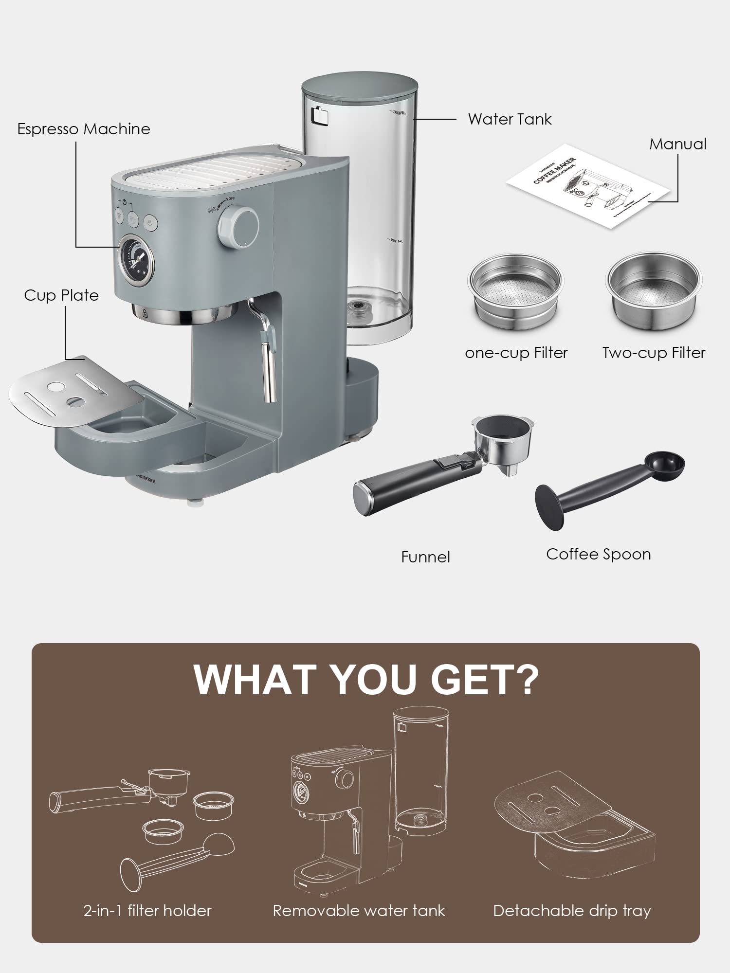 Ihomekee Espresso Machine Coffee Makers 15 Bar Cappuccino Machines with Milk Frother for Espresso/Cappuccino/Latte/Mocha for Home Brewing 1350W - CM6927