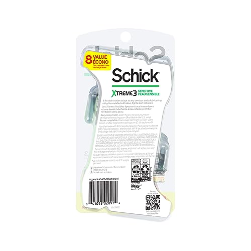 Schick Xtreme 3 Sensitive Skin Disposable Razors for Men, 8 Count (Pack of 3) Packaging may Vary