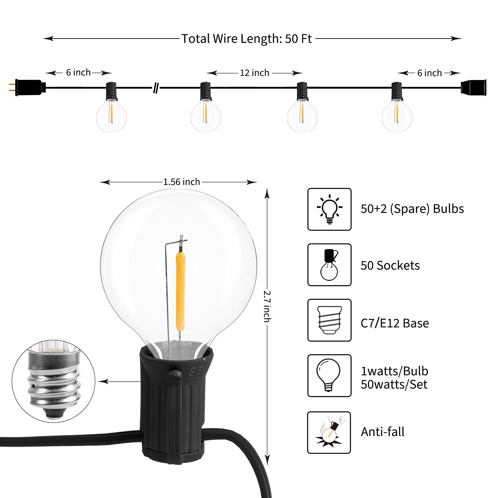 Brightown Led String Lights Outdoor 50Feet G40 Patio Lights with 52 Led Shatterproof Bulbs(2 Spare), Waterproof Led Globe Hanging Lights for Backyard Porch Bistro Balcony Decor, E12 Socket, 2200K