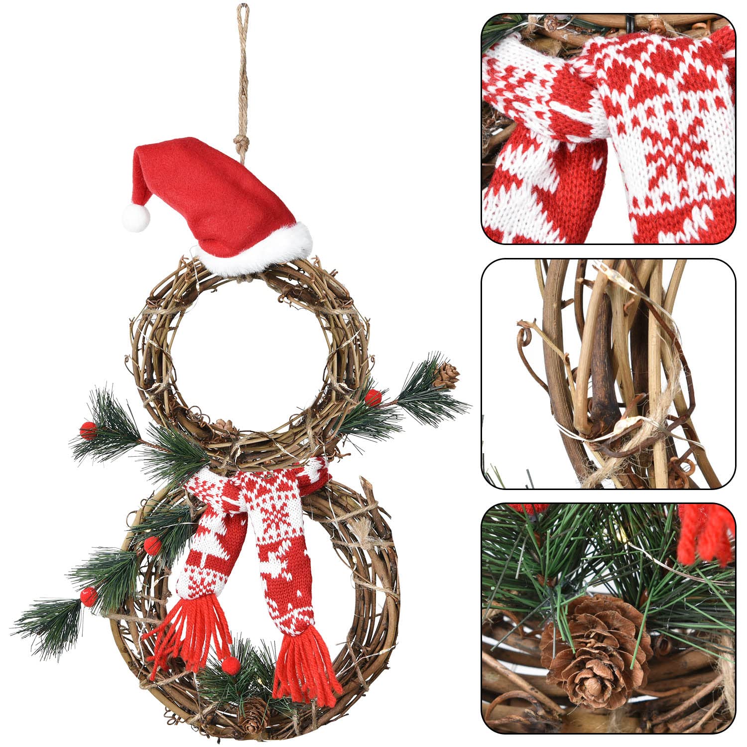 DearHouse Lighted Christmas Wreath Decoration Clearance, 16 x 8 Inch Grapevine Wreath with Hat and Scarf Snowman Shape Wreath for Front Door Home Garden Wall Decor
