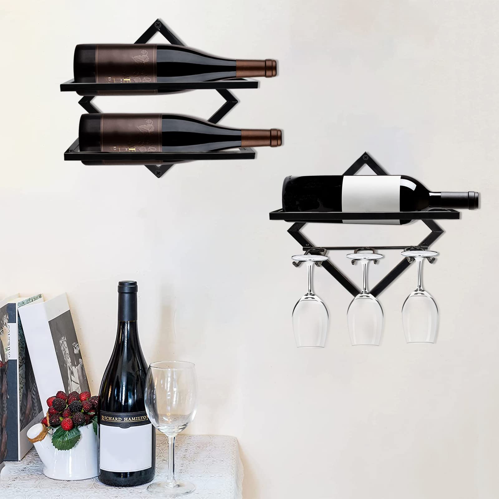 AUHOKY Metal Wall Mounted Wine Holder Stemware Glass Rack, Collapsible Hanging Red Wine Racks Organizer with 3 Stem Glass Holders, Wine Bottle Display Hanger for Home Kitchen Bar Decor