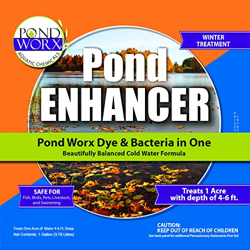 Pond Enhancer Gallon – Pondworx Concentrated Blue Dye with Pondworx Bacteria, 2 in 1 Formulation – Treats 1 Acre – Safe for Fish, Wildlife, Pets & Children