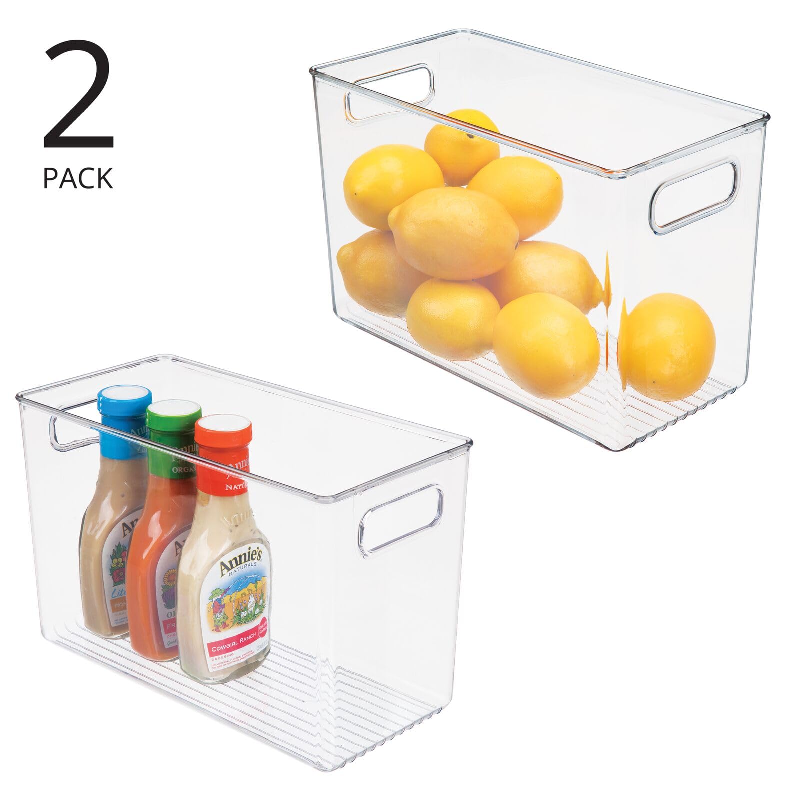 mDesign Plastic Storage Box – Narrow Open-Top Fridge Organiser Tray with Handle – Can Be Used as Fridge Tray, Shelf Box or for Cupboard Storage – Pack of 2 — Clear