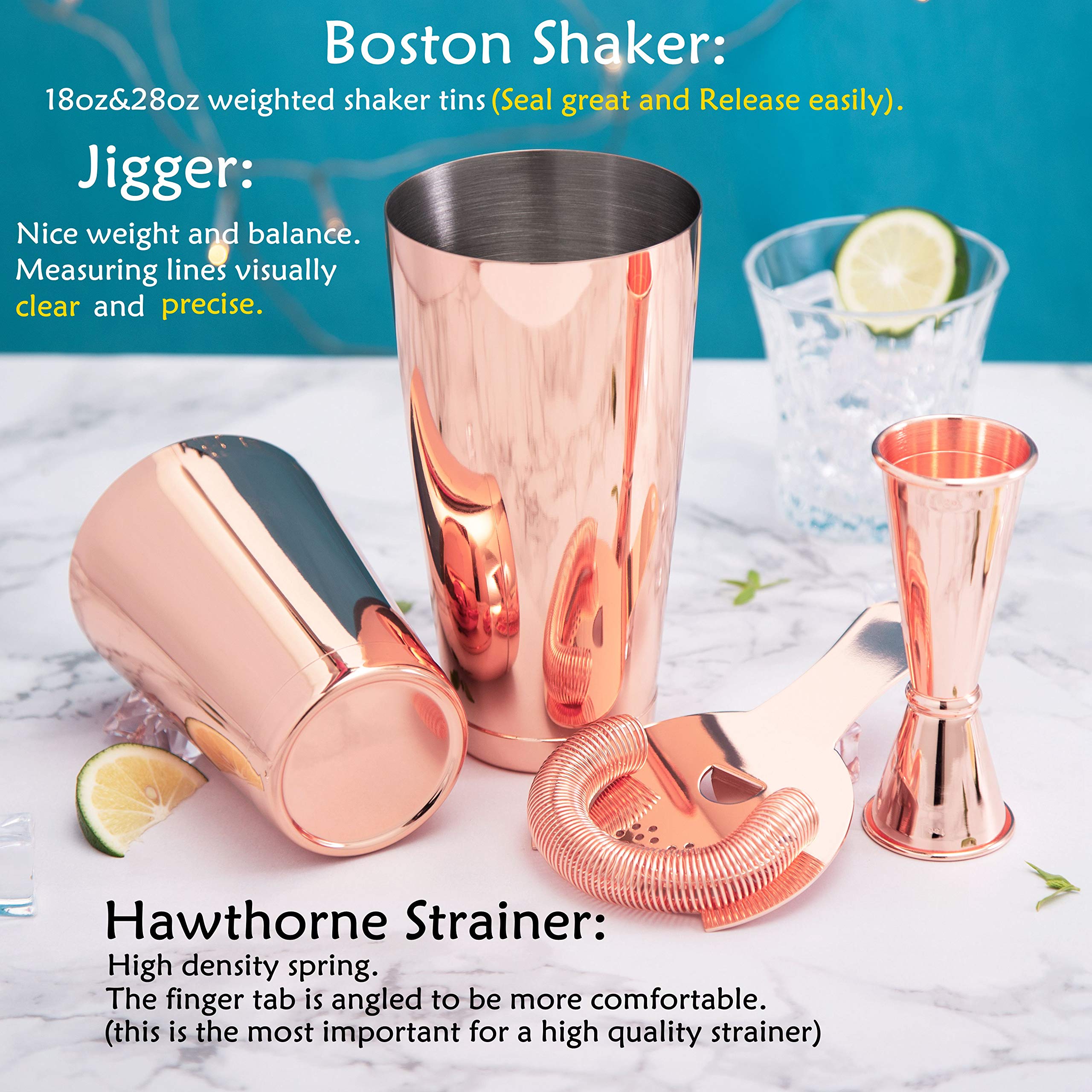 Boston Cocktail Shaker Set Bartender Kit Rose Gold Bar Set, 9 Pcs Barware Gift Set, 18oz & 28oz Shaker Tins, Cocktail Strainer Set, Japanese Jigger, Muddler, Bar Spoon & Liquor Pourers