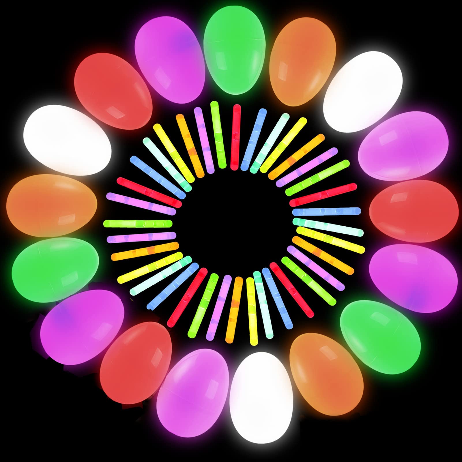 AOMINGGE Colorful Bright Plastic Easter Eggs, Glow Eggs with Mini Glow Sticks for Easter Egg Hunt Games, Surprise Egg, Assorted Colors (24 Packs Easter Eggs)