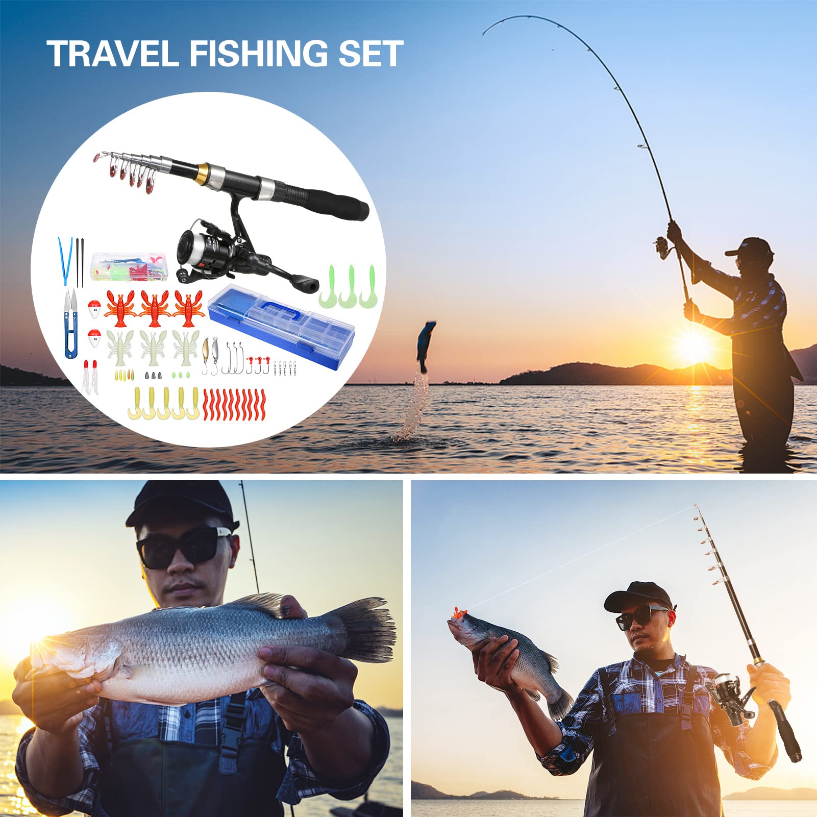 Aomiun 1.5m/1.7m Telescopic Fishing Rod Whirl Reel Tackle Set for Saltwater and Freshwater