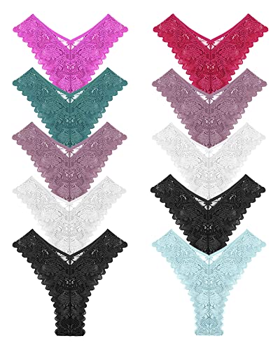 CUTE BYTE High Waisted Thong for Women Underwear Thongs Lace Hollowed V-Shape Waistband Strenchy Sexy Underwear for Women 10 Pack