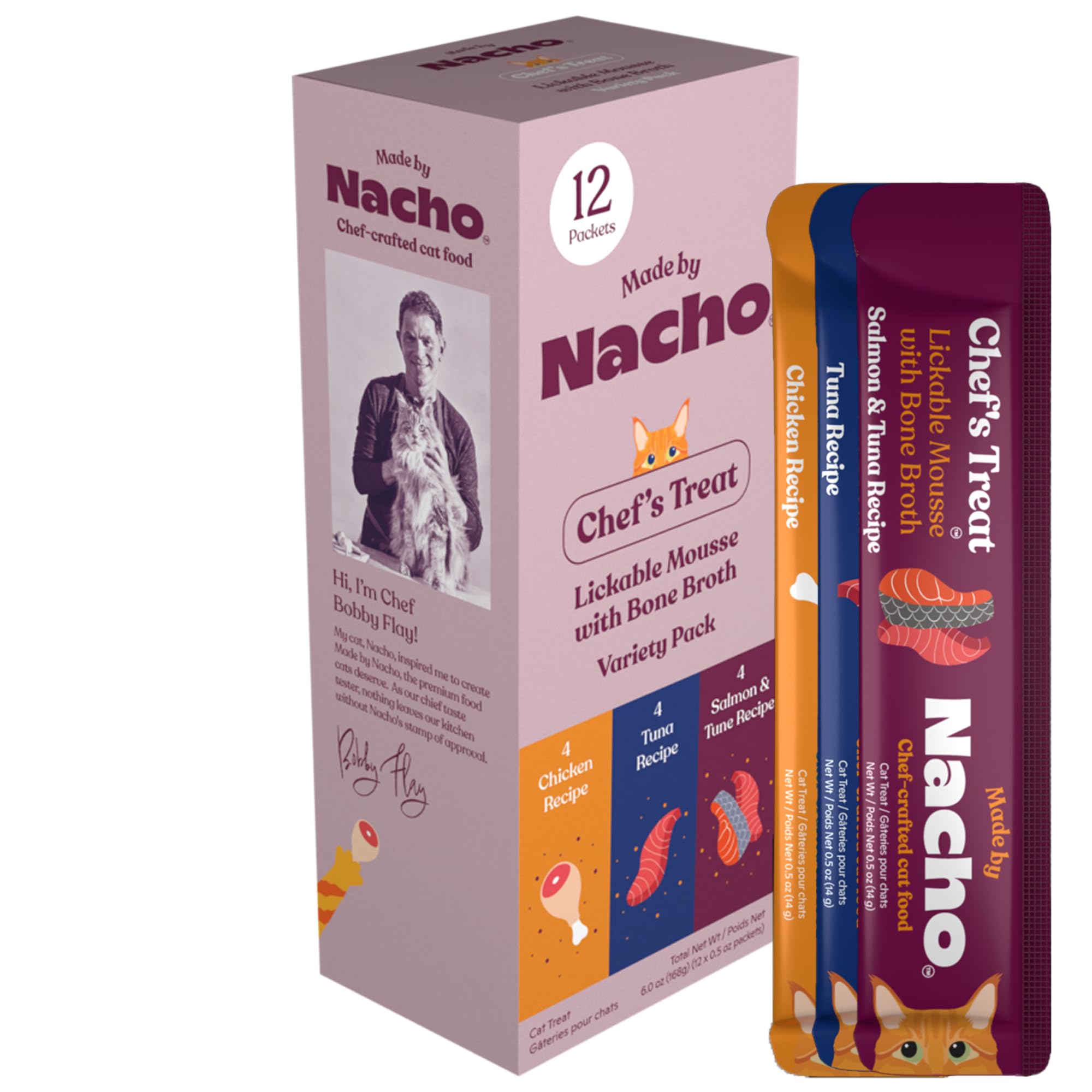 Made by Nacho Lickable Mousse Tubes Cat Treat 12 Count with Bone Broth Variety Pack (.5 oz) No Grains, Corn, Wheat or Soy,
