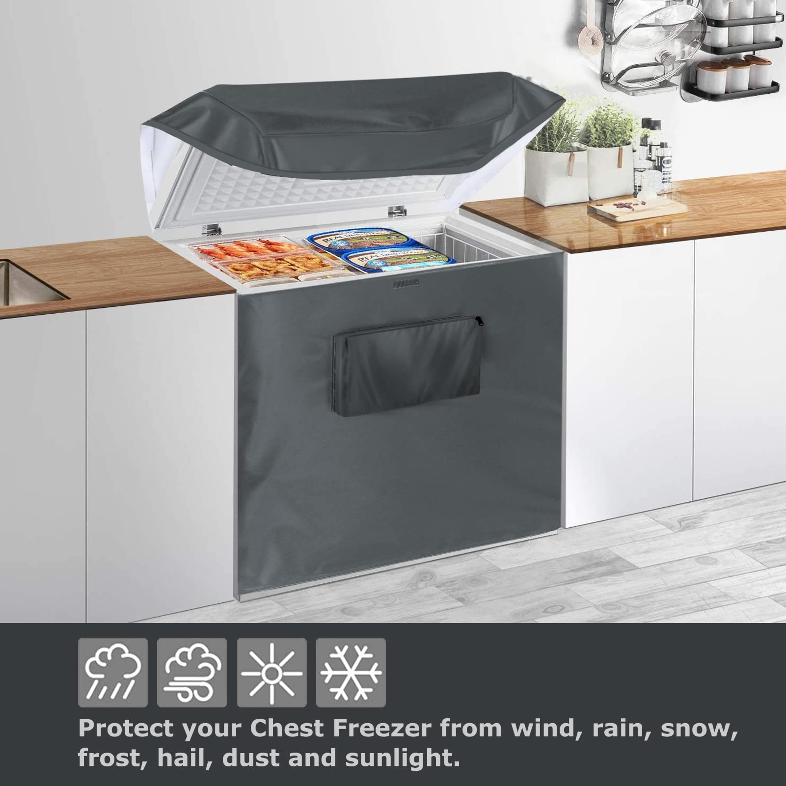 Chest Freezer Cover Deep Freezer Covers for Outside 7.0 Cubic Feet Freezer，Top with Zipper to Open Noise Reduction (Grey, 28"W×22"D×34"H)