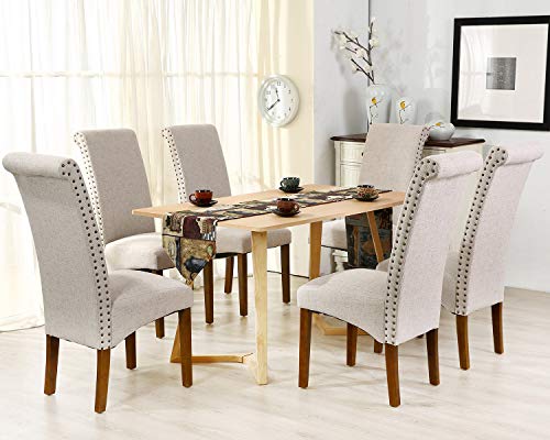 Merax Dining Chair Set of 2 Fabric Padded Side Chair with Solid Wood Legs, Nailed Trim(Beige)