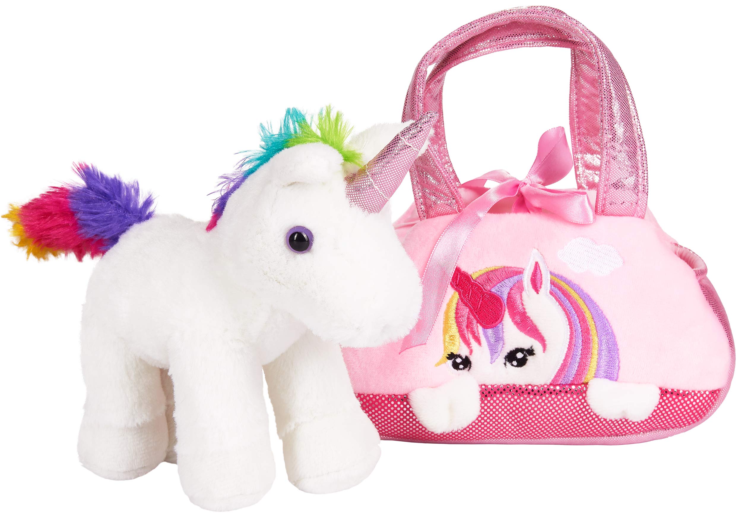BRUBAKER Rainbow Plush Unicorn in Handbag - 8 Inches - Soft Toy in Bag - Cuddly Toy - Stuffed Animal - Pink