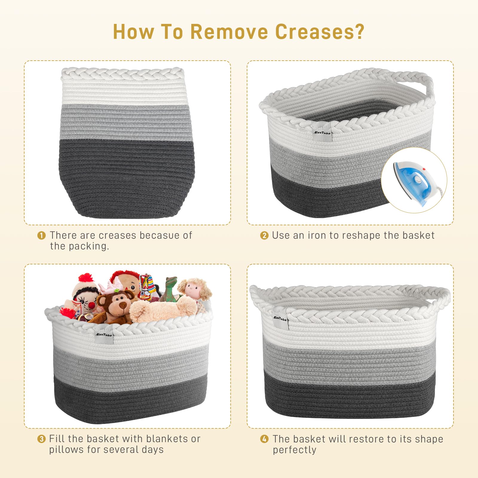 AivaToba 3 Pack Storage Basket: Toy Basket Cotton Rope Basket with Handles - Decorative Basket for Clothes, Blankets, Toys, Books( 13.4” x 8” x 9” )