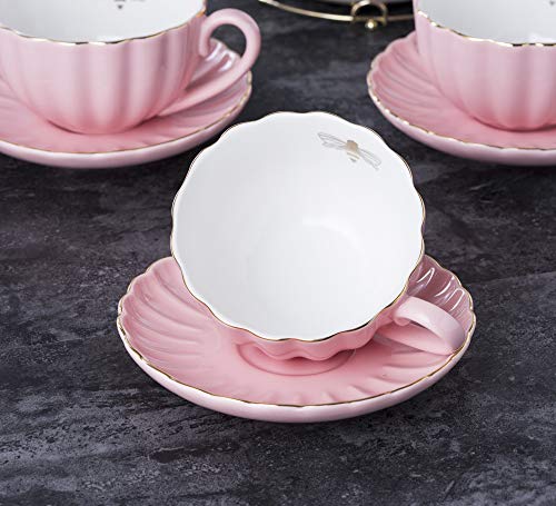Jusalpha Fine China Pink Coffee Cup/Teacup Set, 7 OZ Cups& Saucer Service for 4, with Teapot-Sugar Bowl-Cream Pitcher Teaspoons and tea strainer for Tea/Coffee, 17-Pieces (TW Full set)