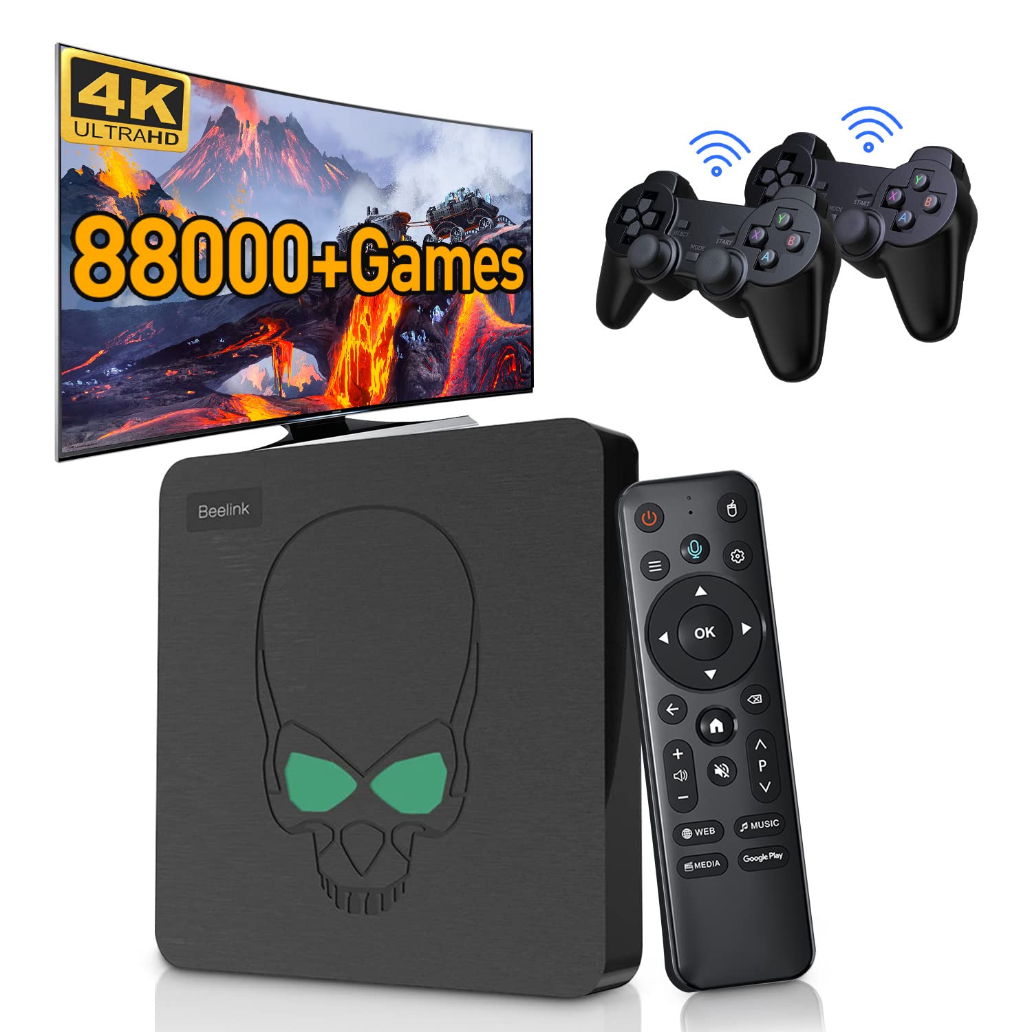 Kinhank Super Console X King,Retro Game Console with 88000+ Games,Compatible with Most Emulators,EmuELEC 4.5/Android 9.0/CoreE 3 Systems,4K UHD Output,2.4+5G WiFi, Voice Remote Control,2 Gamepads