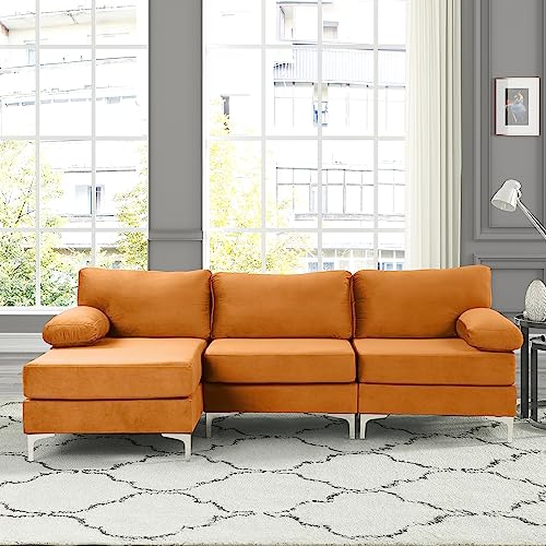 Casa Andrea Milano Modern Large Velvet Fabric Sectional Sofa, L-Shape Couch with Extra Wide Chaise Lounge, Orange