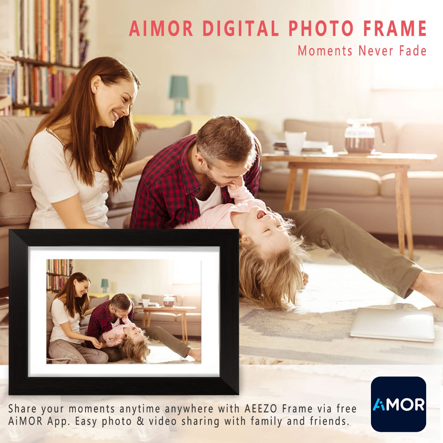 AEEZO WiFi Digital Picture Frame 10 Inch IPS Touch Screen FHD 2K Display Smart Cloud Photo Frame with 16GB Storage, Easy Setup to Share Photos & Videos, Auto-Rotate Frame (Black)