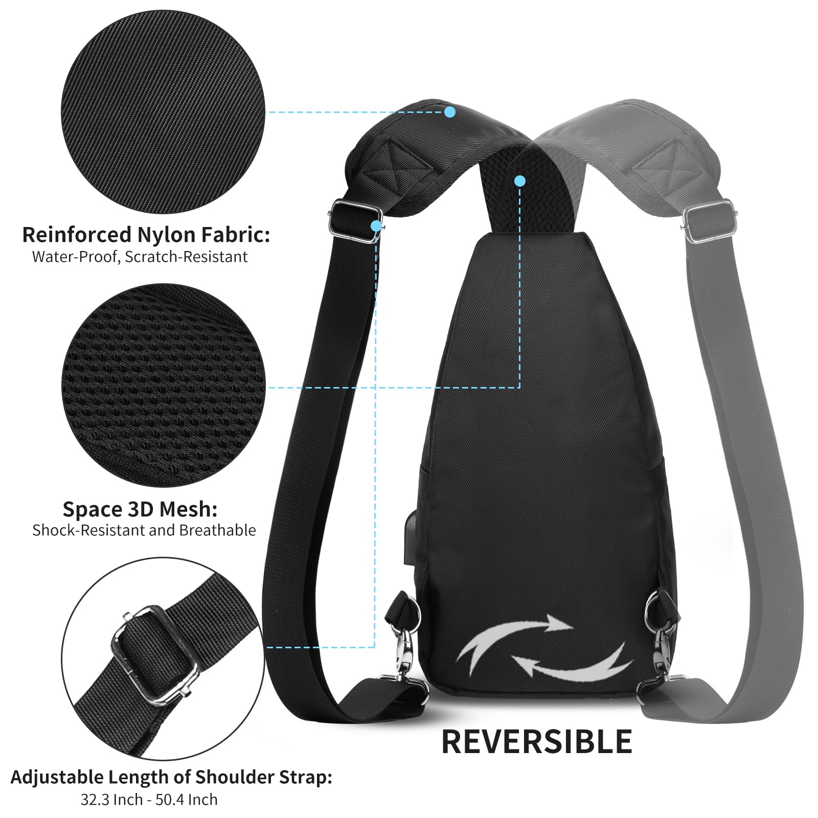 AMJ Crossbody Sling Bag Men Women, Casual Shoulder Backpack, Chest Daypack Satchel for Hiking Travel (Large, Black)