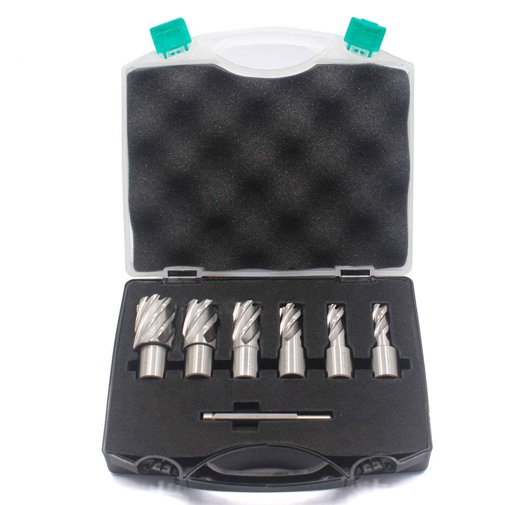 OSCARBIDE Annular Cutter Set 7 Pieces 3/4" Weldon Shank 1"Cutting Depth,1/2 to 1-1/16 inch Diameter,2 Flats Annular Cutters HSS Mag Drill Bits Kit for Magnetic Drill Press with 1 Pieces Pilot Pin