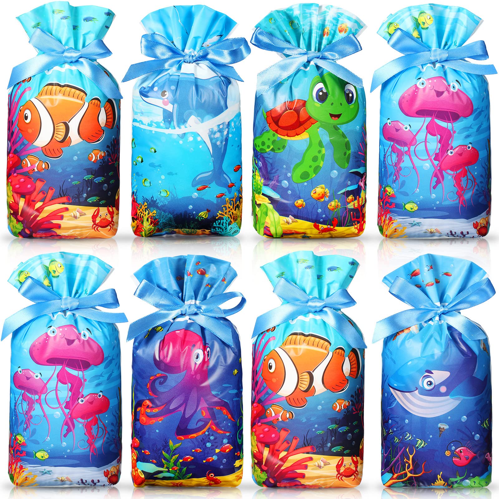 Tiamon 60 Pcs Under The Sea Gift Bags Birthday Decorations Supplies Ocean Sea Bulk Plastic Bags with Ribbon Drawstring Colorful Sea Life Goodie Candy Bags for Ocean Themed Mermaid Party Supplies