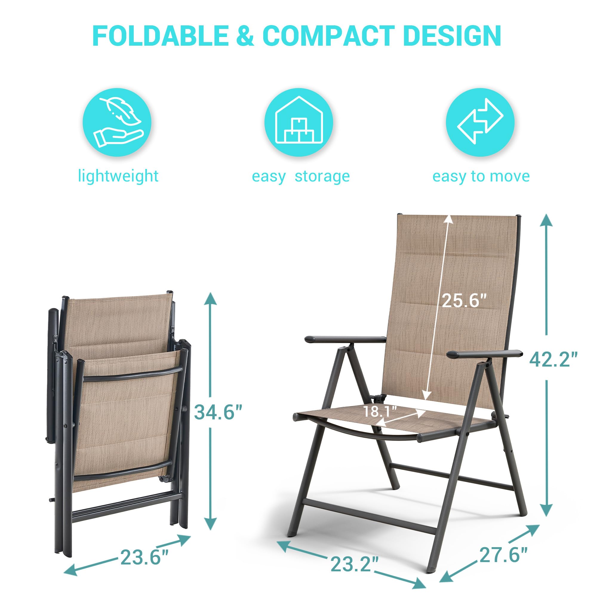 UDPATIO Patio Folding Chairs Set of 2, Folding Lawn Chairs with Adjustable Backrest, Padded All Weather Textilene, Heavy Duty Folding Chairs for Outdoor, No Assembly Required, Beige