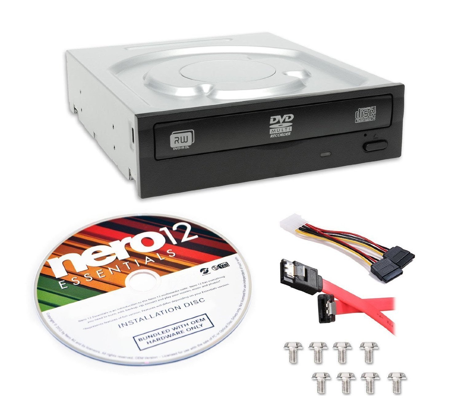 Lite-On 24X SATA Internal DVD+/-RW Drive Optical Drive IHAS124-14 + Nero 12 Essentials Burning Software + Sata Cable Kit