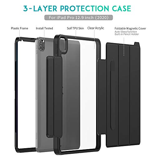 OKUT Smart Case for iPad Pro 12.9" 2020 & 2018,Heavy Duty Protective Cover with Pencil Holder/Tri-Fold Stand/Auto Sleep-Wake/Protector -Black……